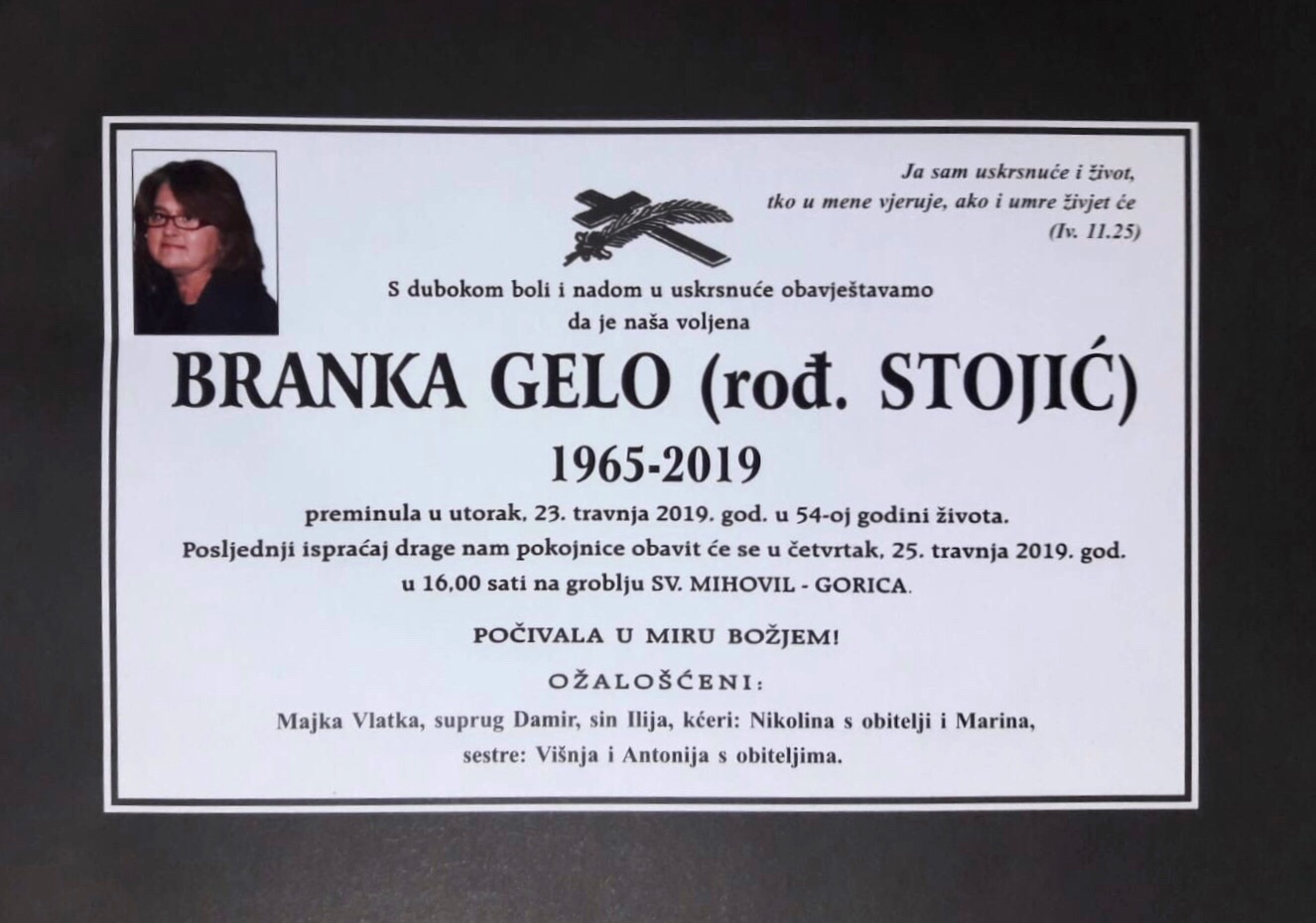 Branka Gelo (rođ. Stojić) | Osmrtnice Livno