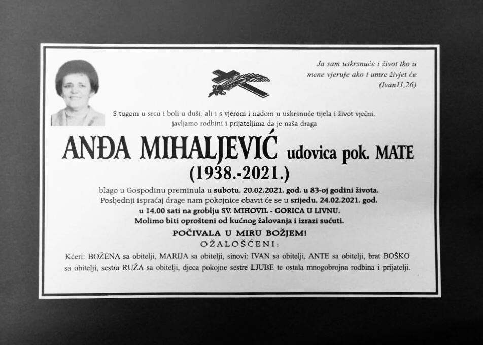 Anđa Mihaljević udovica pok. Mate | Osmrtnice Livno