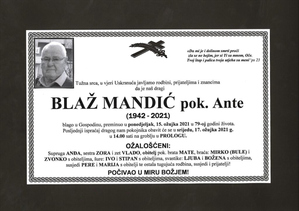 Blaž Mandić pok. Ante | Osmrtnice Livno