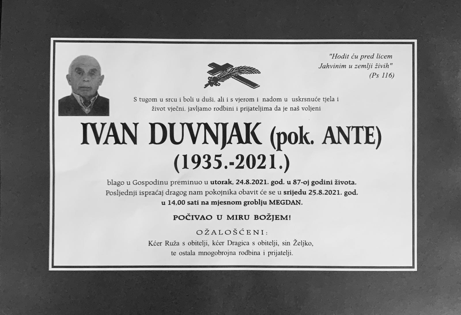 Ivan Duvnjak (pok. Ante) | Osmrtnice Livno