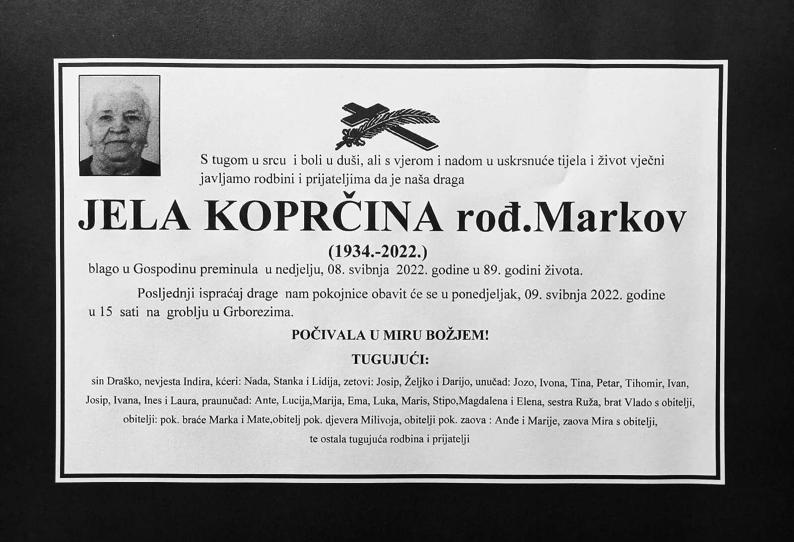 Jela Koprčina rođ. Markov | Osmrtnice Livno