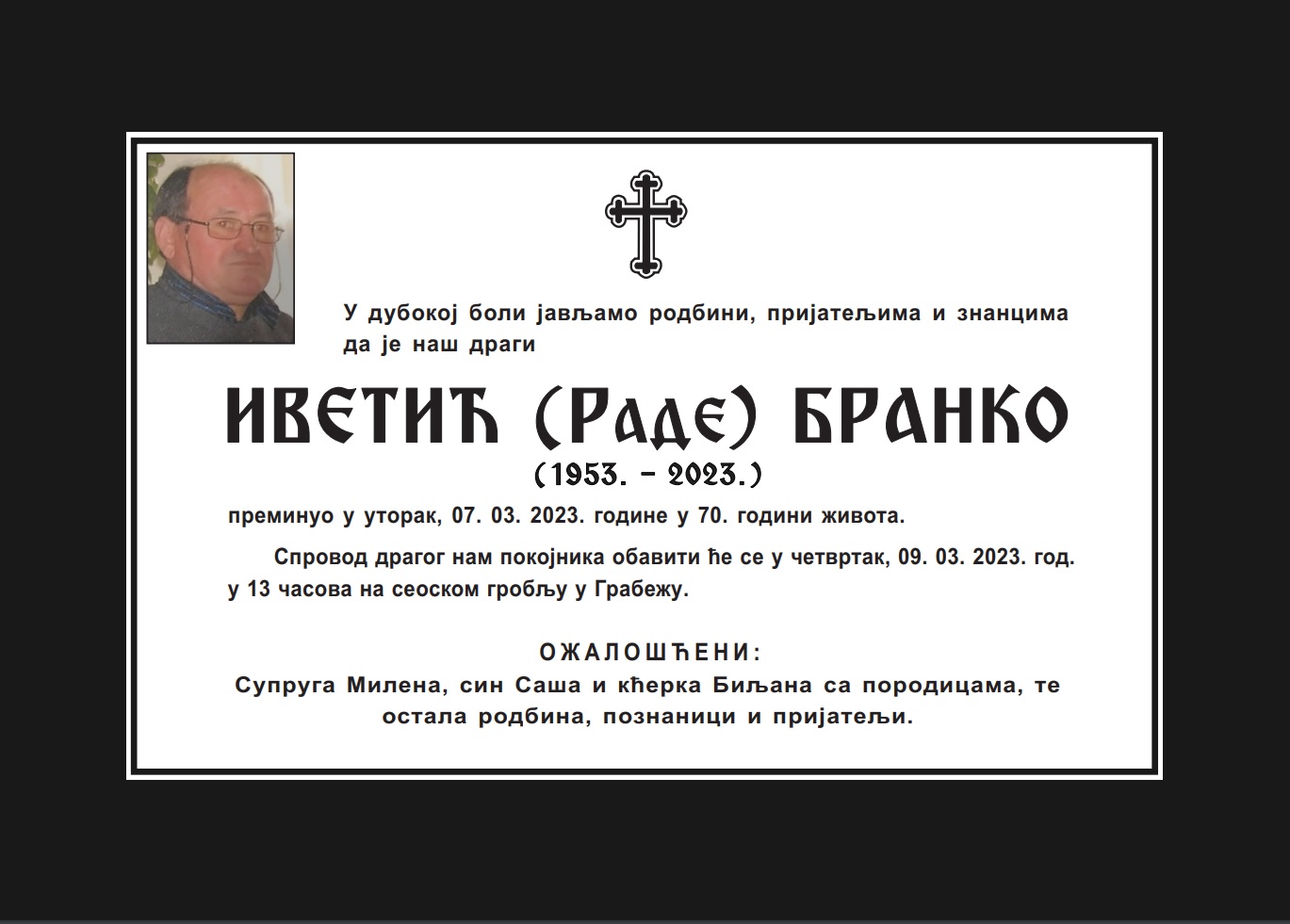 Ivetić (Rade) Branko | Osmrtnice Livno