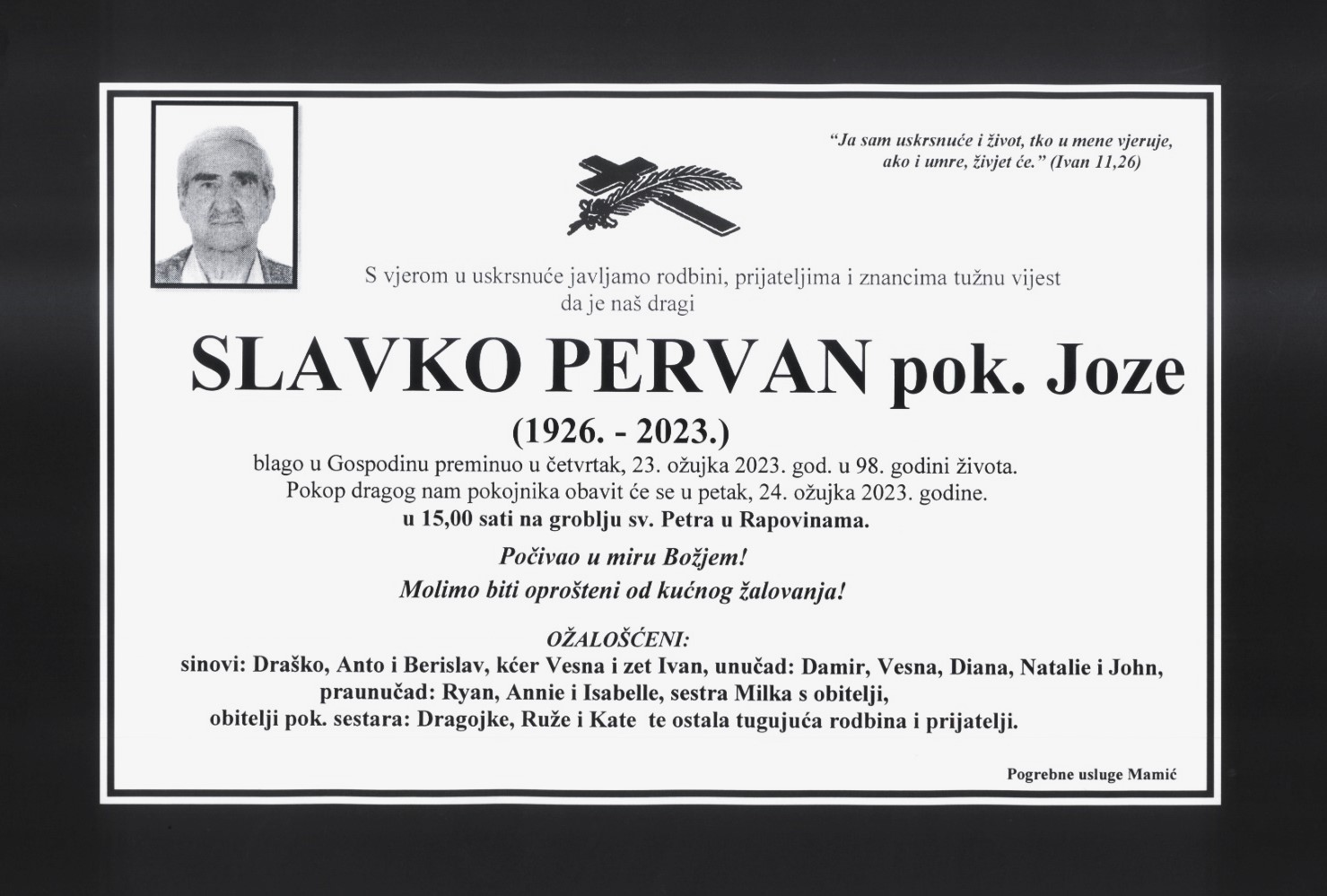 Slavko Pervan pok. Joze | Osmrtnice Livno