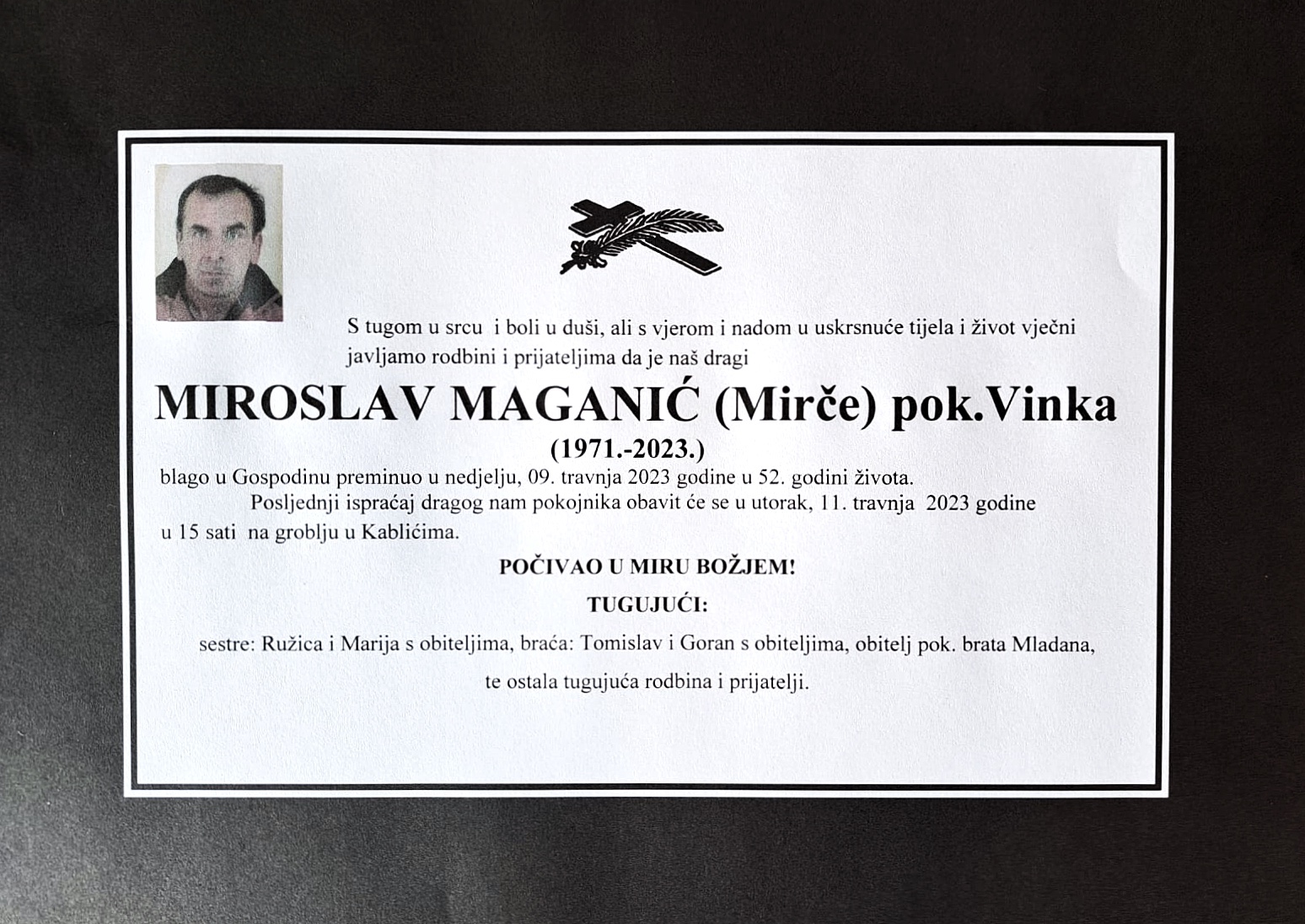 Miroslav Maganić (Mirče) pok.Vinka | Osmrtnice Livno