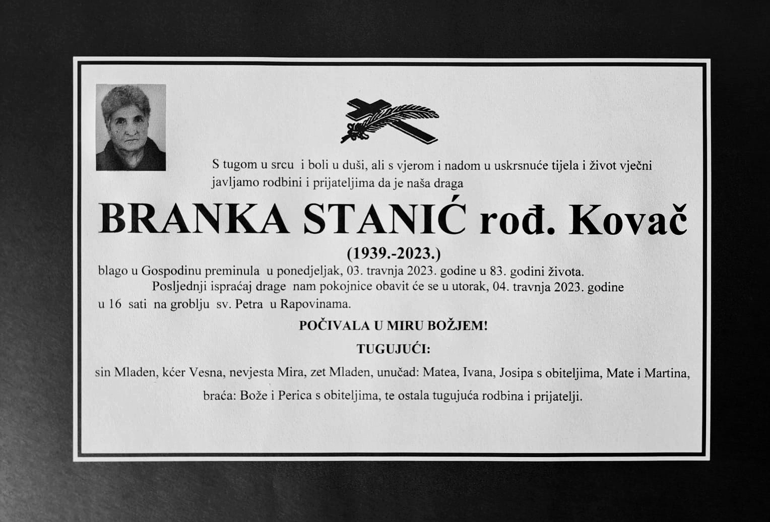 Branka Stanić rođ. Kovač | Osmrtnice Livno