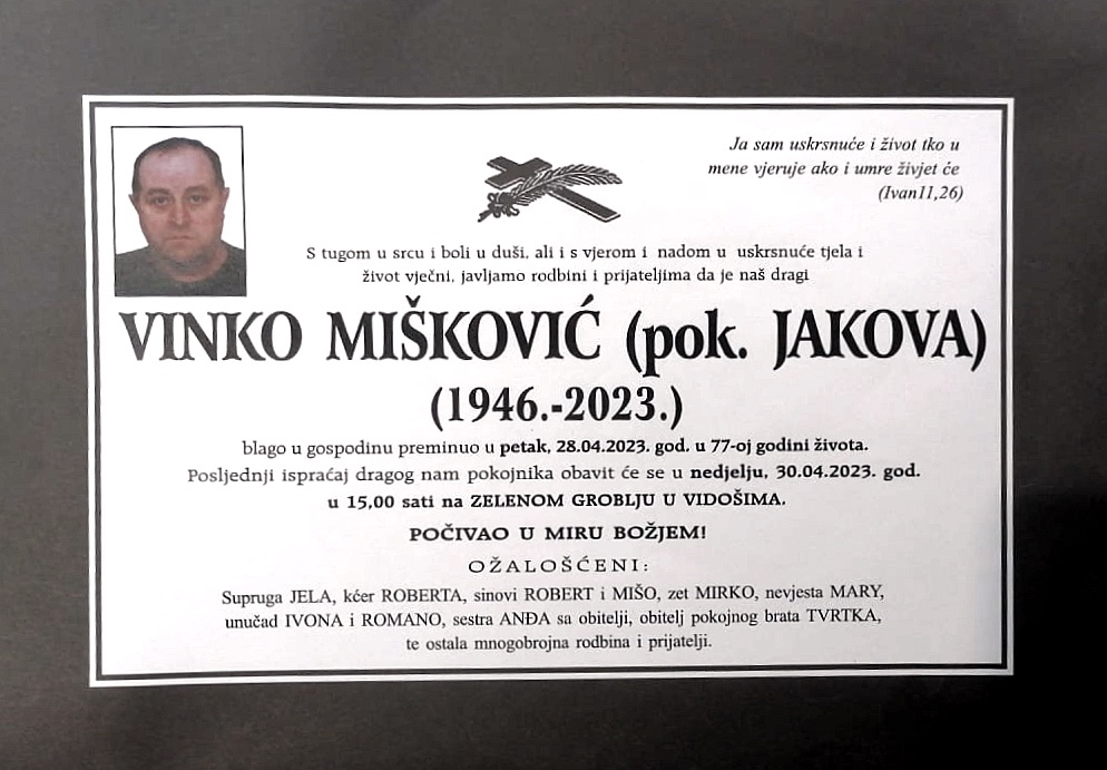 Vinko Mišković (pok. Jakova) | Osmrtnice Livno