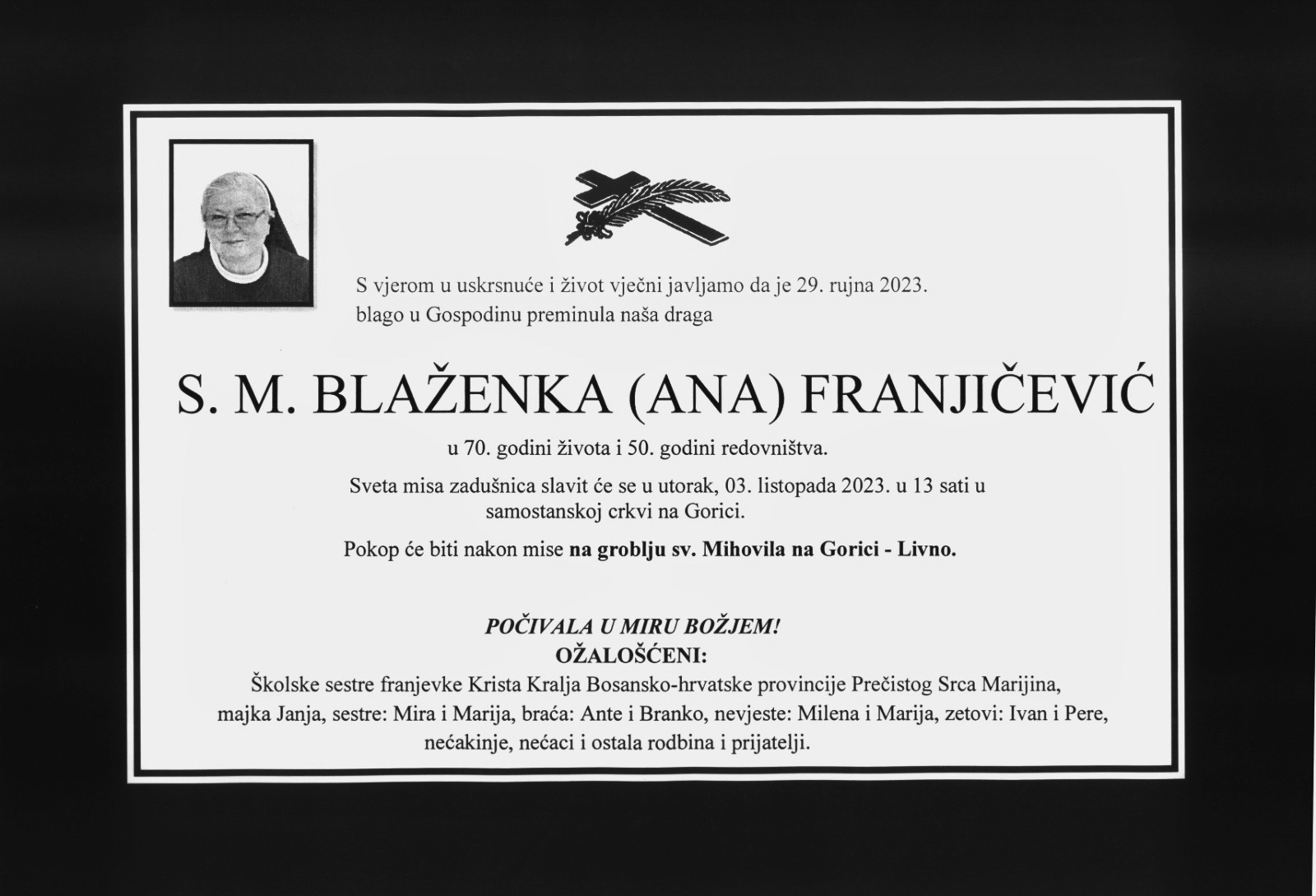 S.M. Blaženka (Ana) Franjičević | Osmrtnice Livno