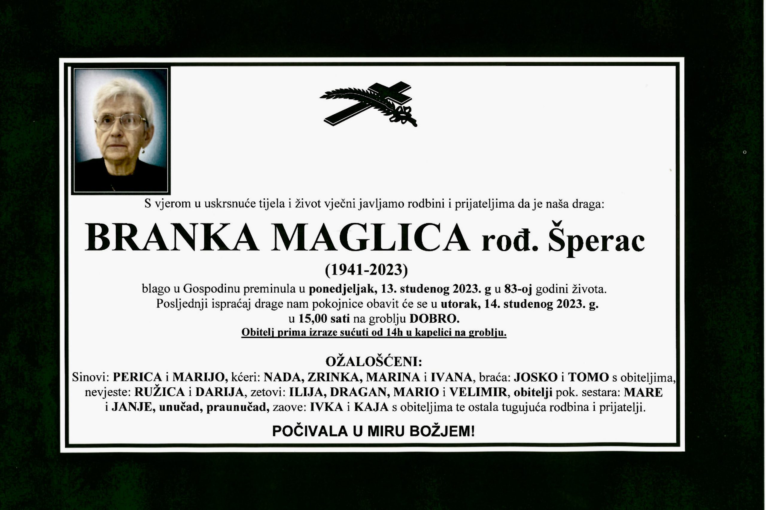 Branka Maglica rođ. Šperac | Osmrtnice Livno