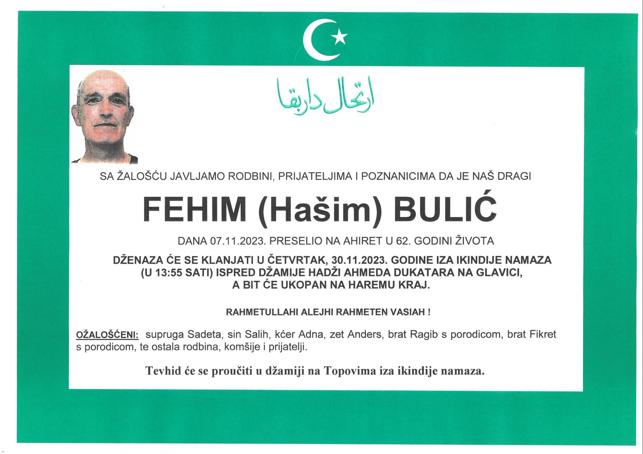 Fehim (Hašim) Bulić | Osmrtnice Livno