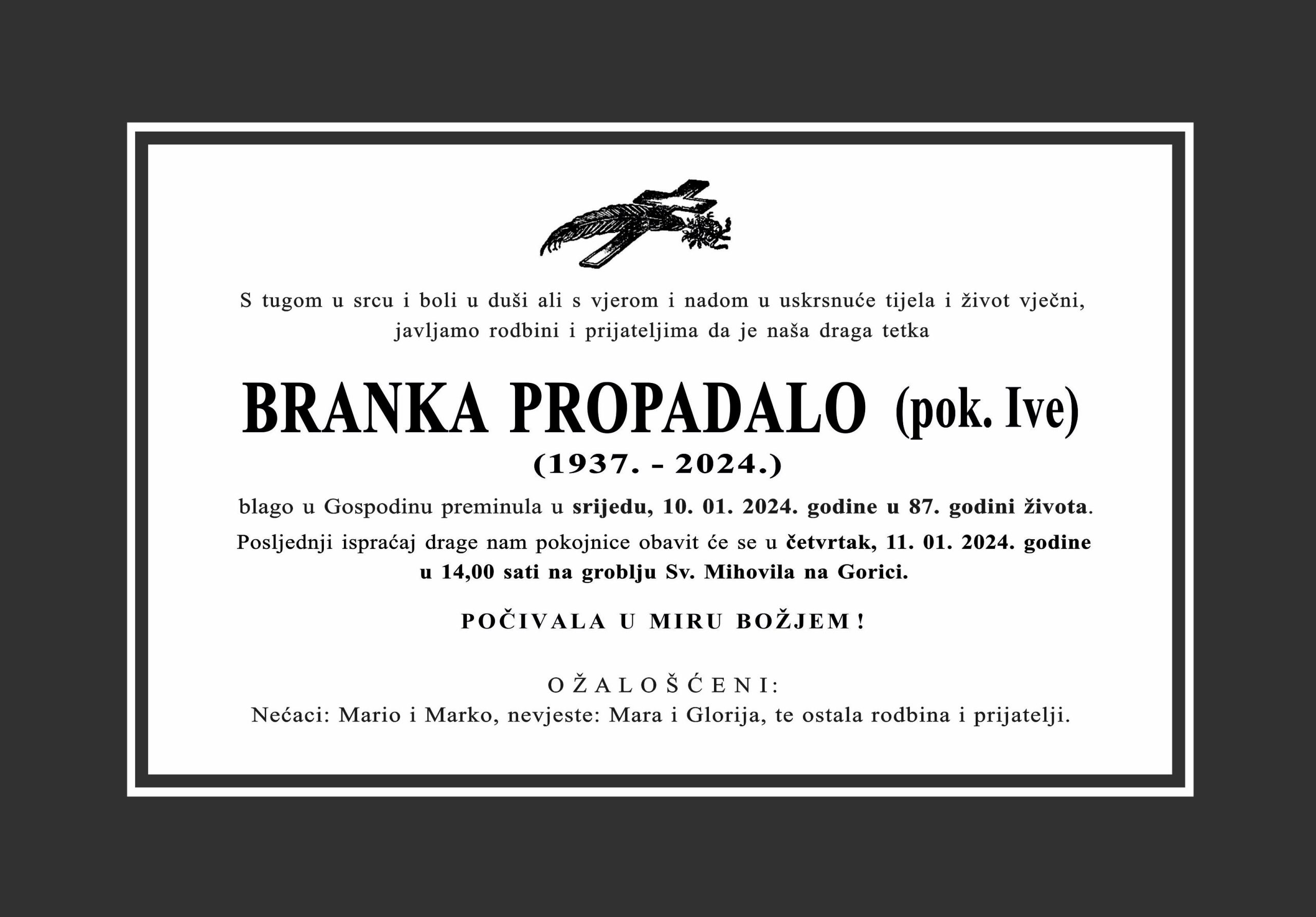 Branka Propadalo (pok. Ive) | Osmrtnice Livno