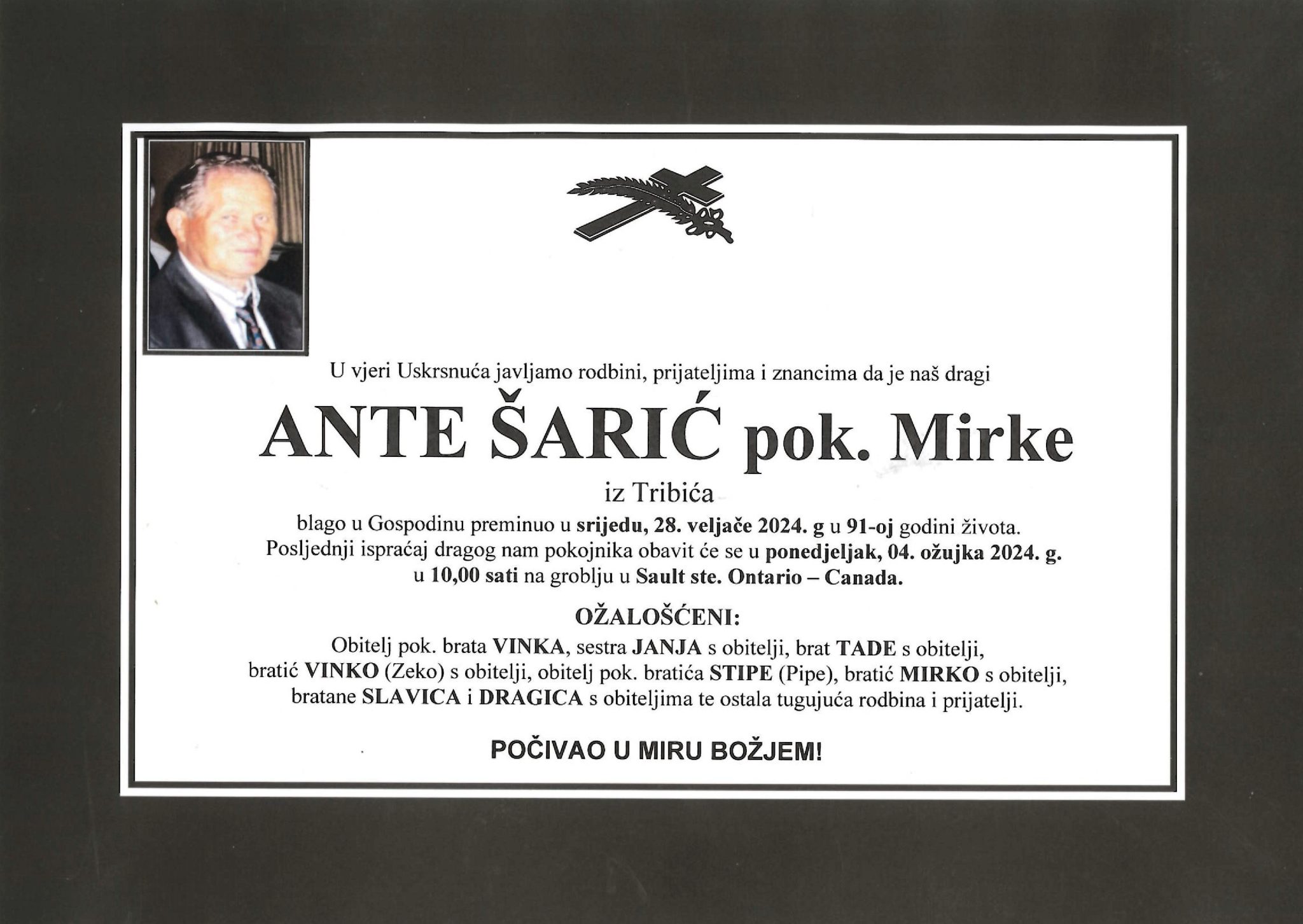Ante Šarić pok. Mirke | Osmrtnice Livno