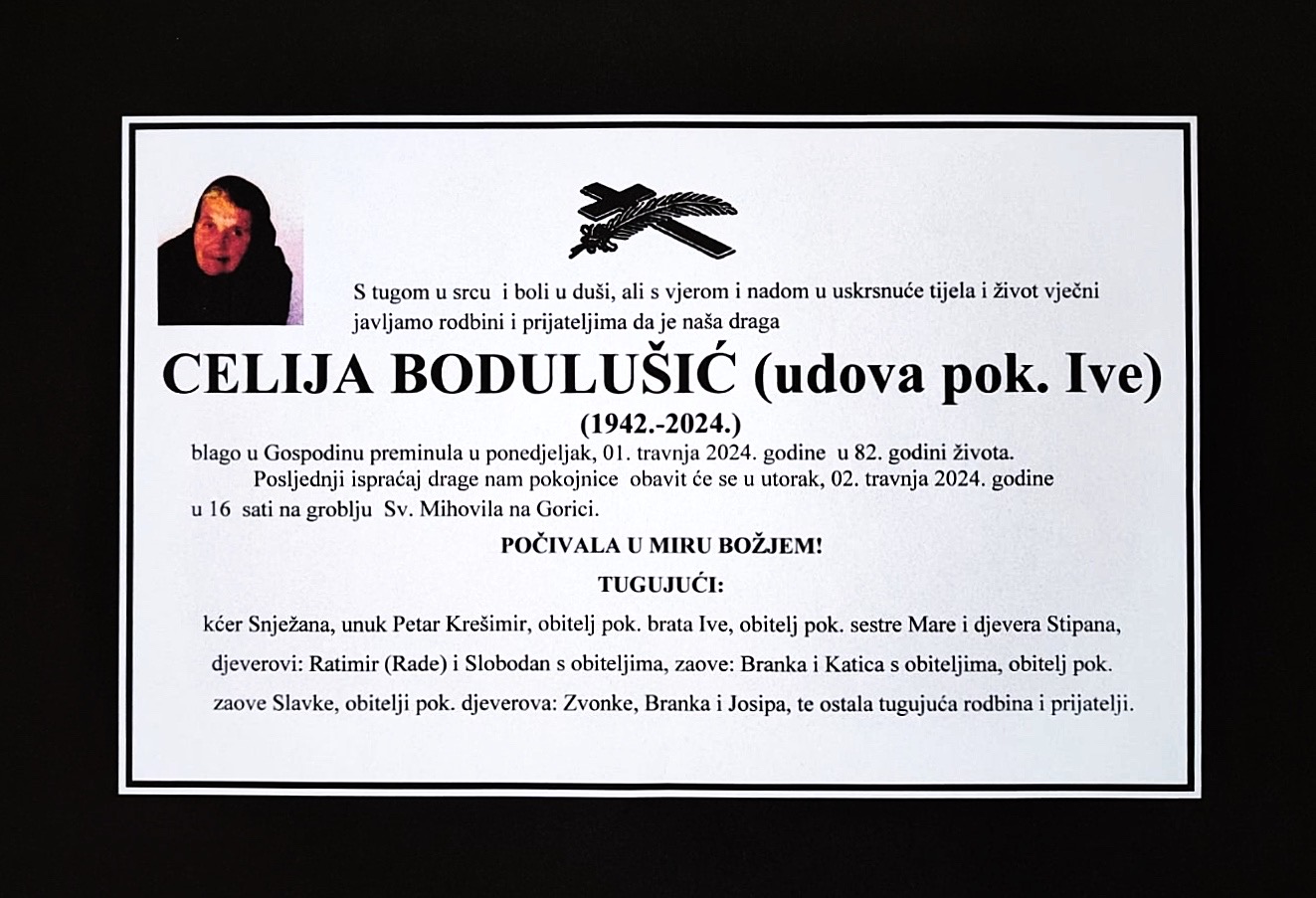 Celija Bodulušić (udova pok. Ive) | Osmrtnice Livno