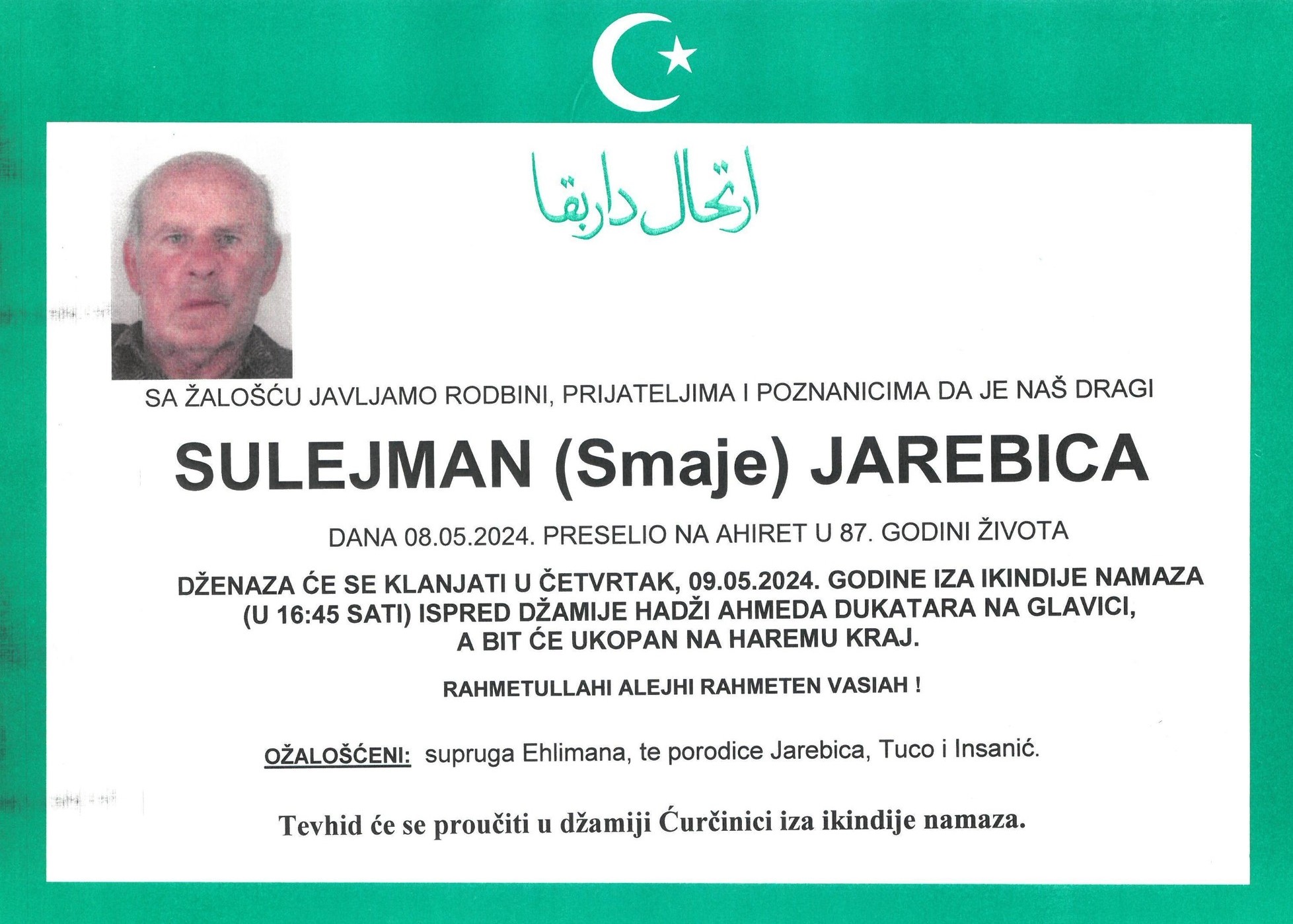Sulejman (Smaje) Jarebica | Osmrtnice Livno