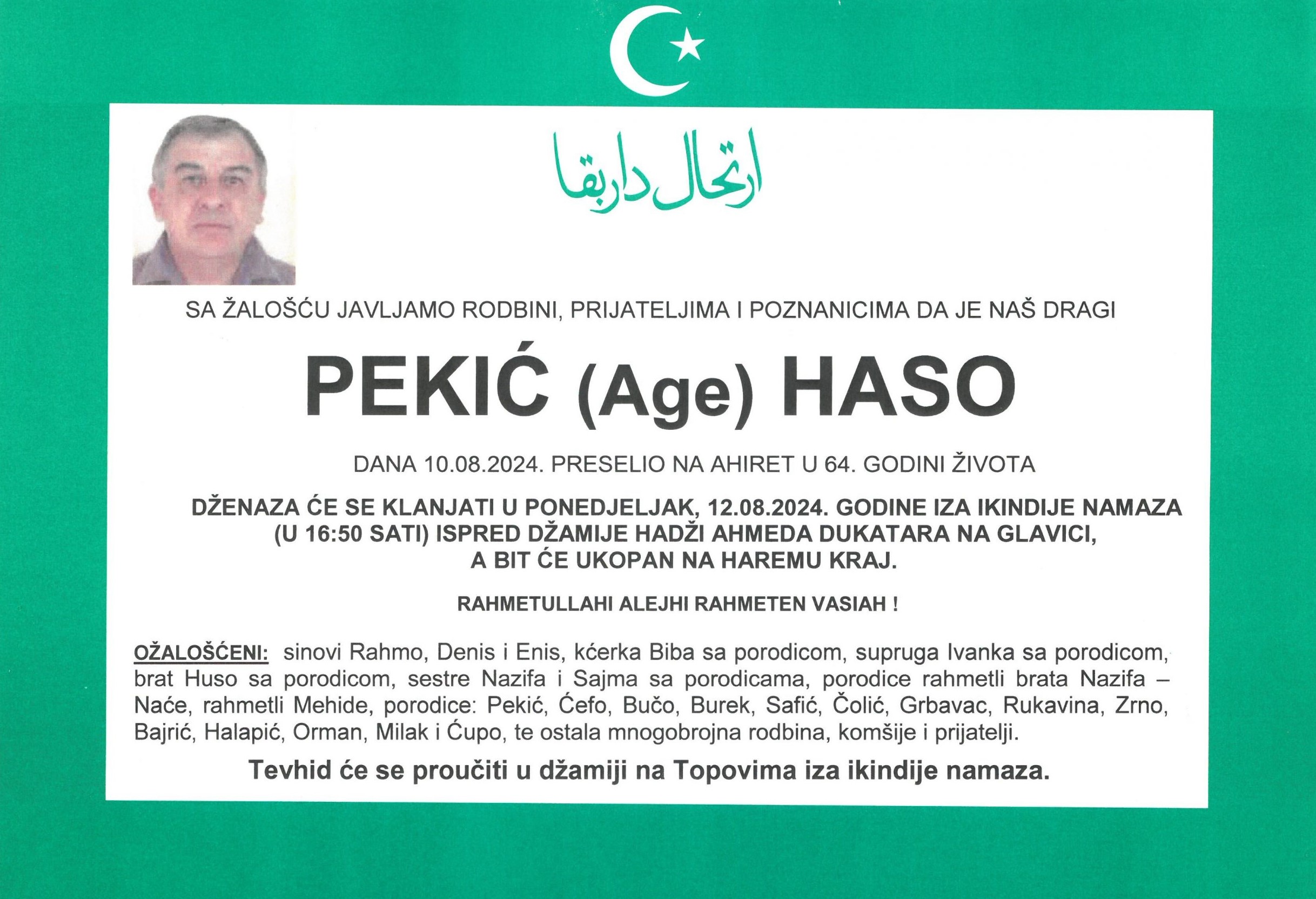 Pekić (Age) Haso | Osmrtnice Livno