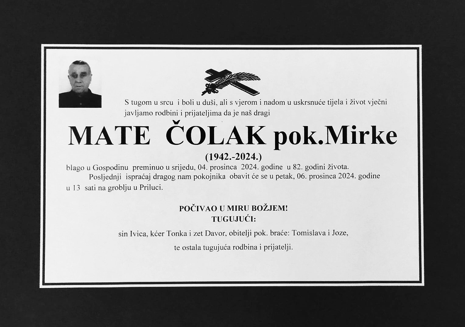 Mate Čolak pok. Mirke | Osmrtnice Livno