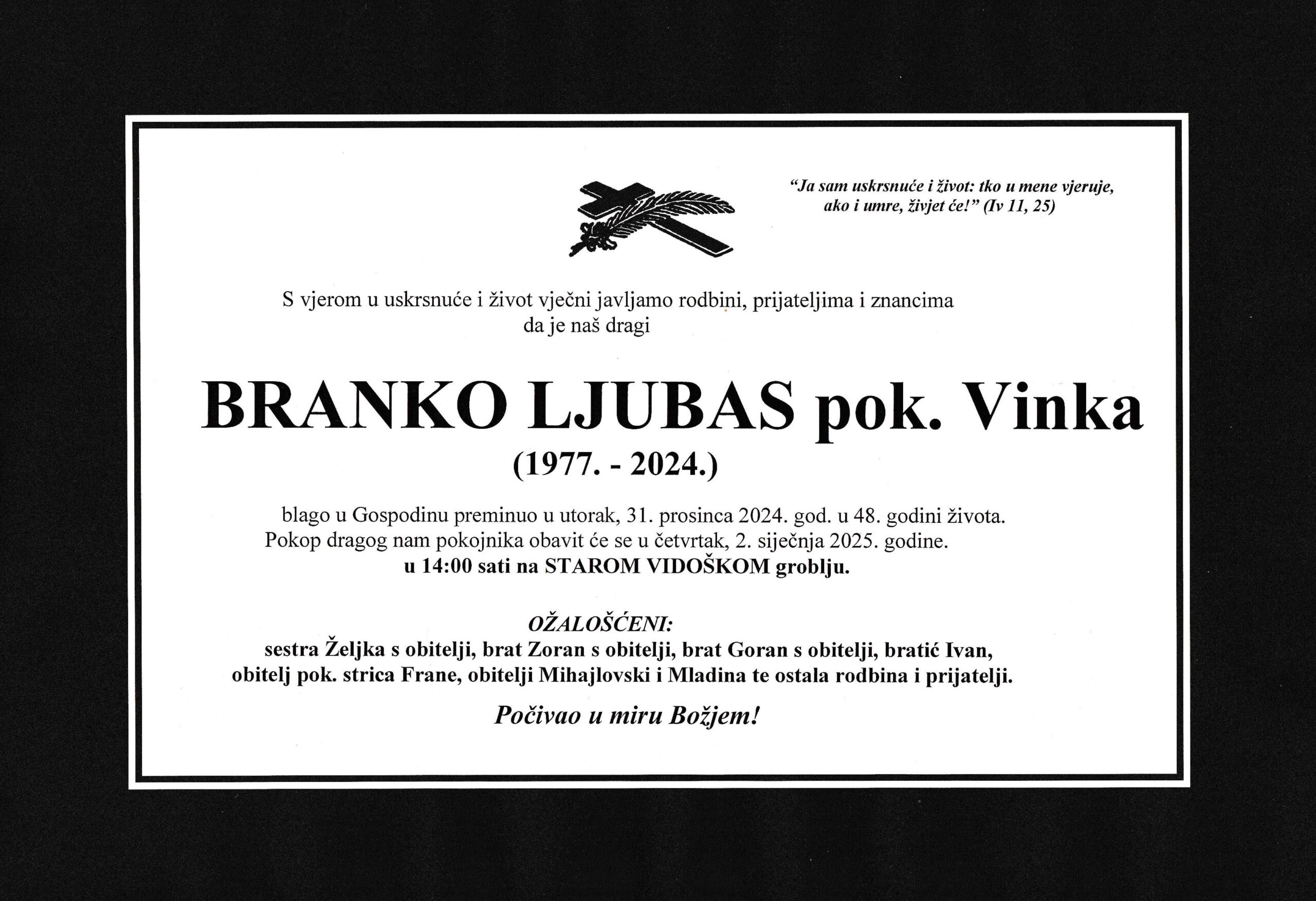 Branko Ljubas pok. Vinka | Osmrtnice Livno