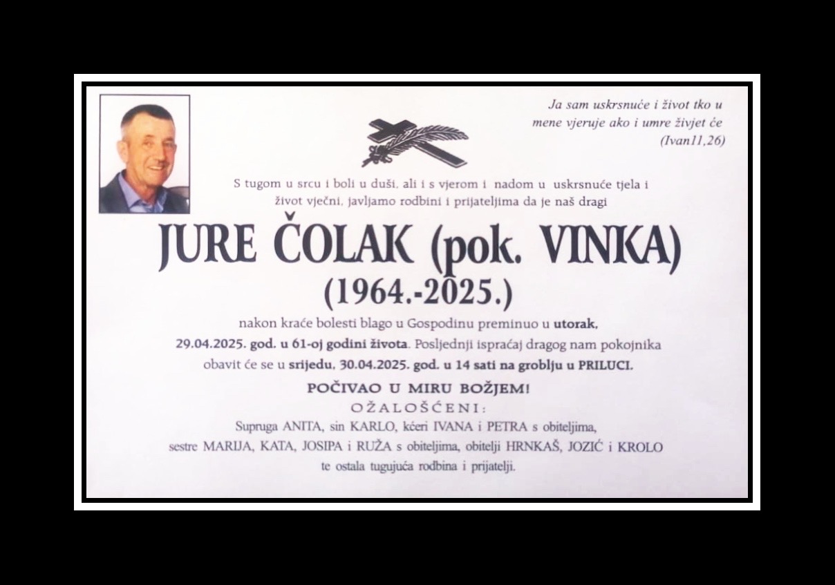 Jure Čolak (pok. Vinka) | Osmrtnice Livno
