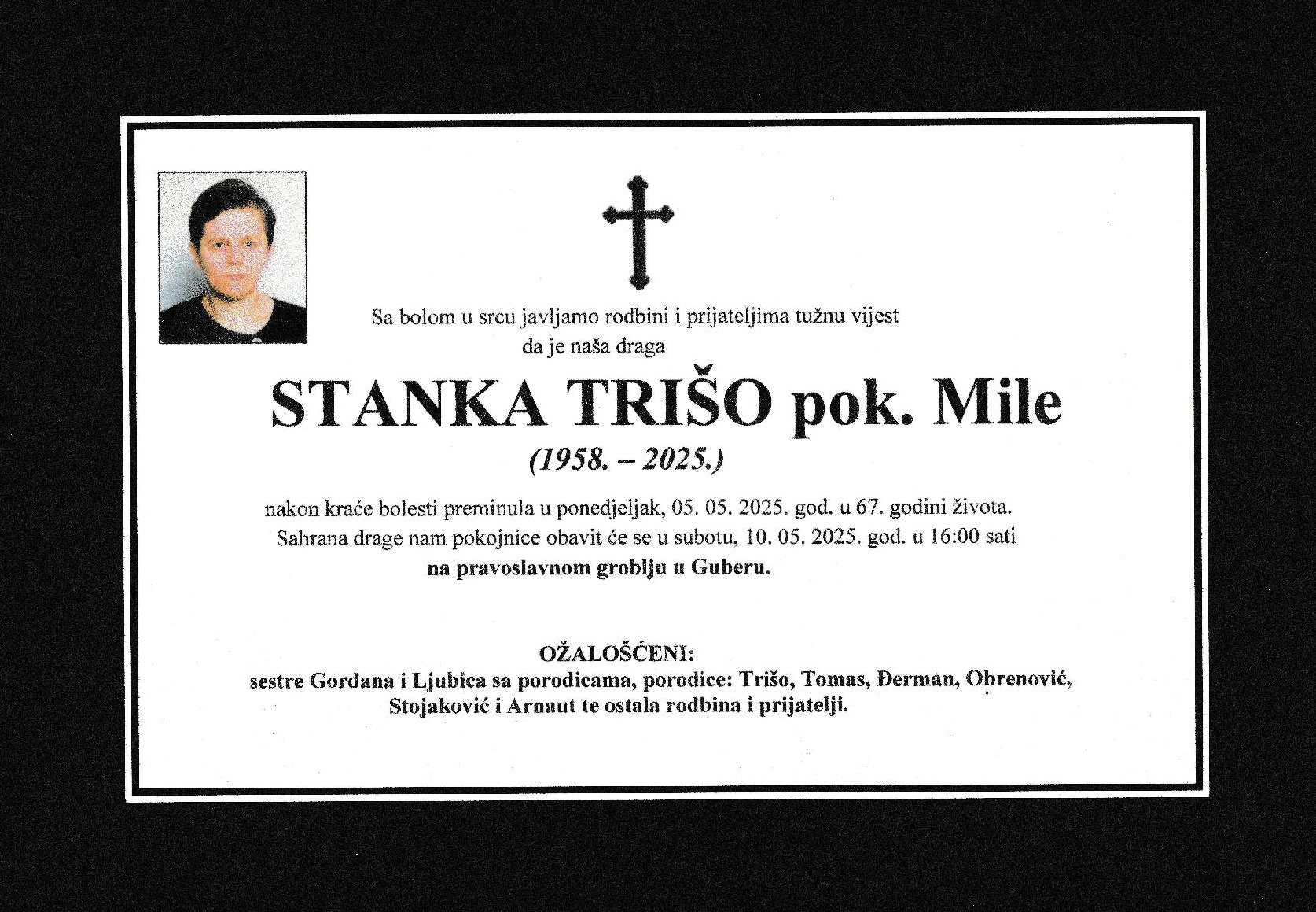 Stanka Trišo pok. Mile | Osmrtnice Livno