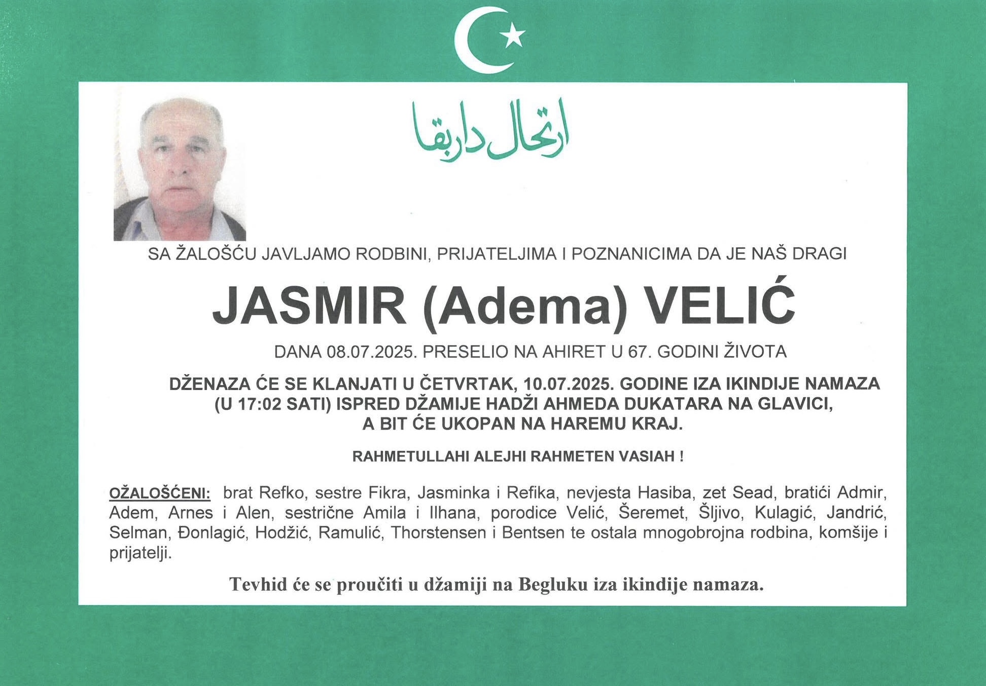 Jasmir (Adema) Velić | Osmrtnice Livno